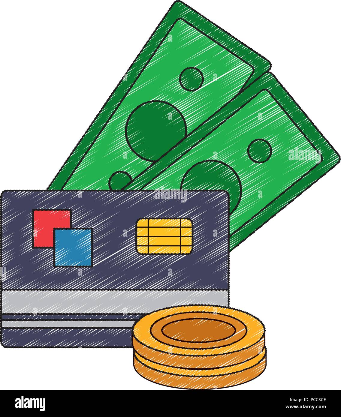bank credit card banknote coins currency vector illustration drawing ...
