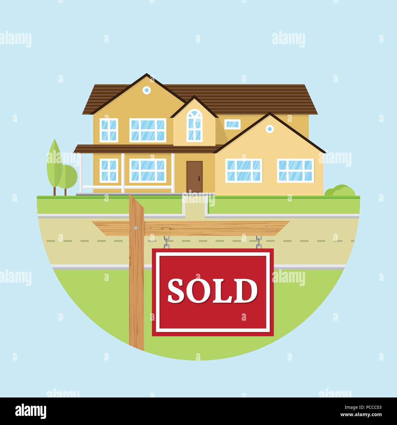 Beautiful american house on the blue background with SOLD sign. For web ...