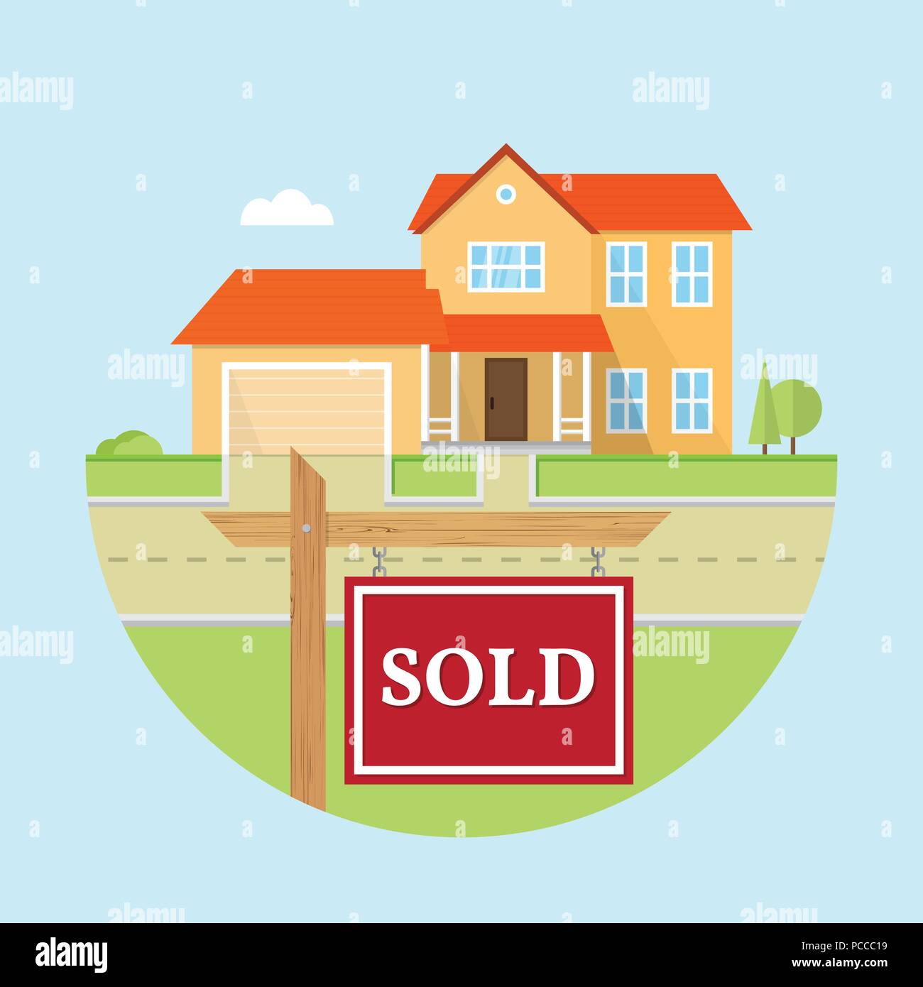 Beautiful american house on the blue background with SOLD sign. For web ...
