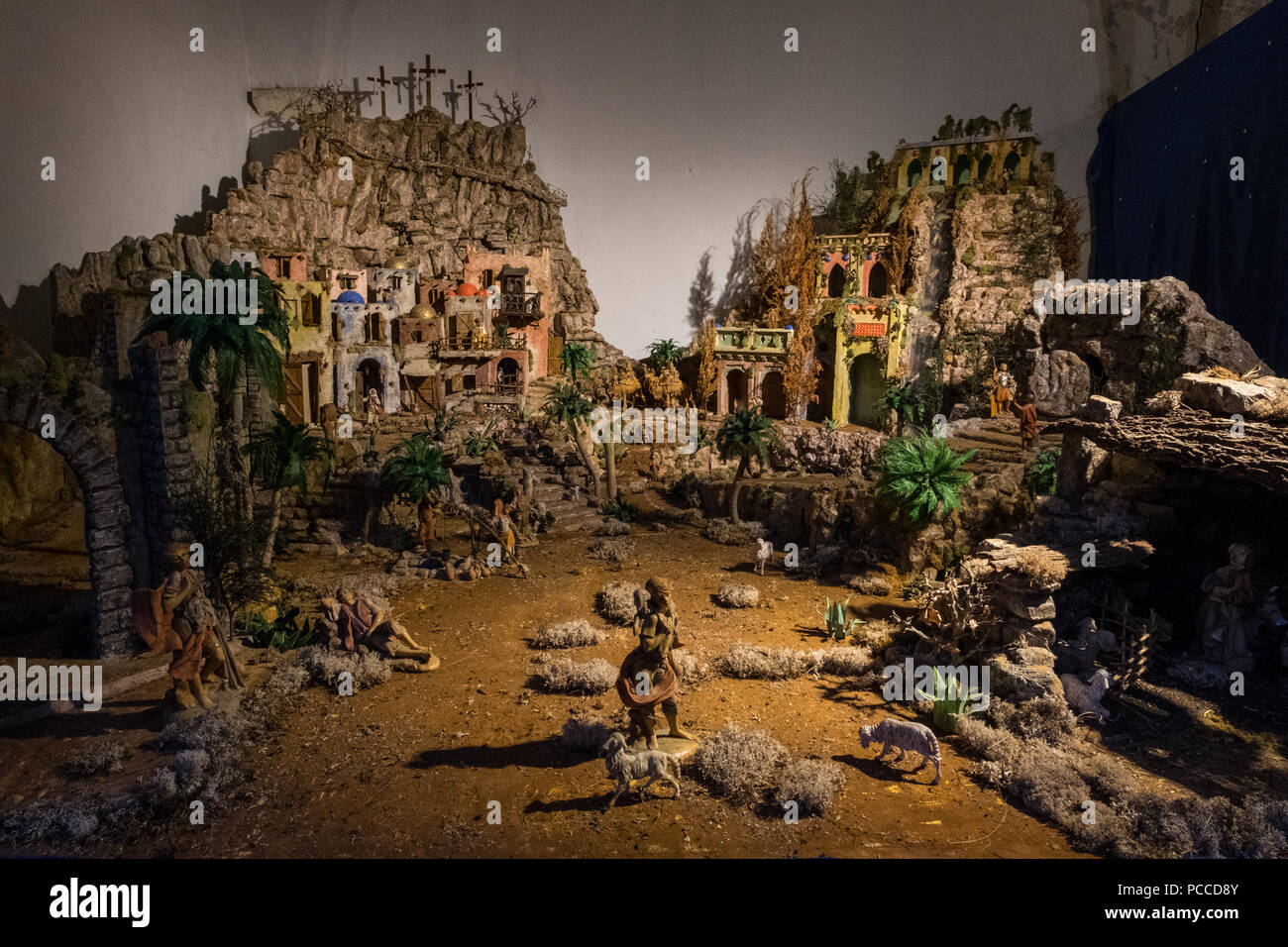 Christmas nativity scene on a Church of medieval town in Italy Stock ...