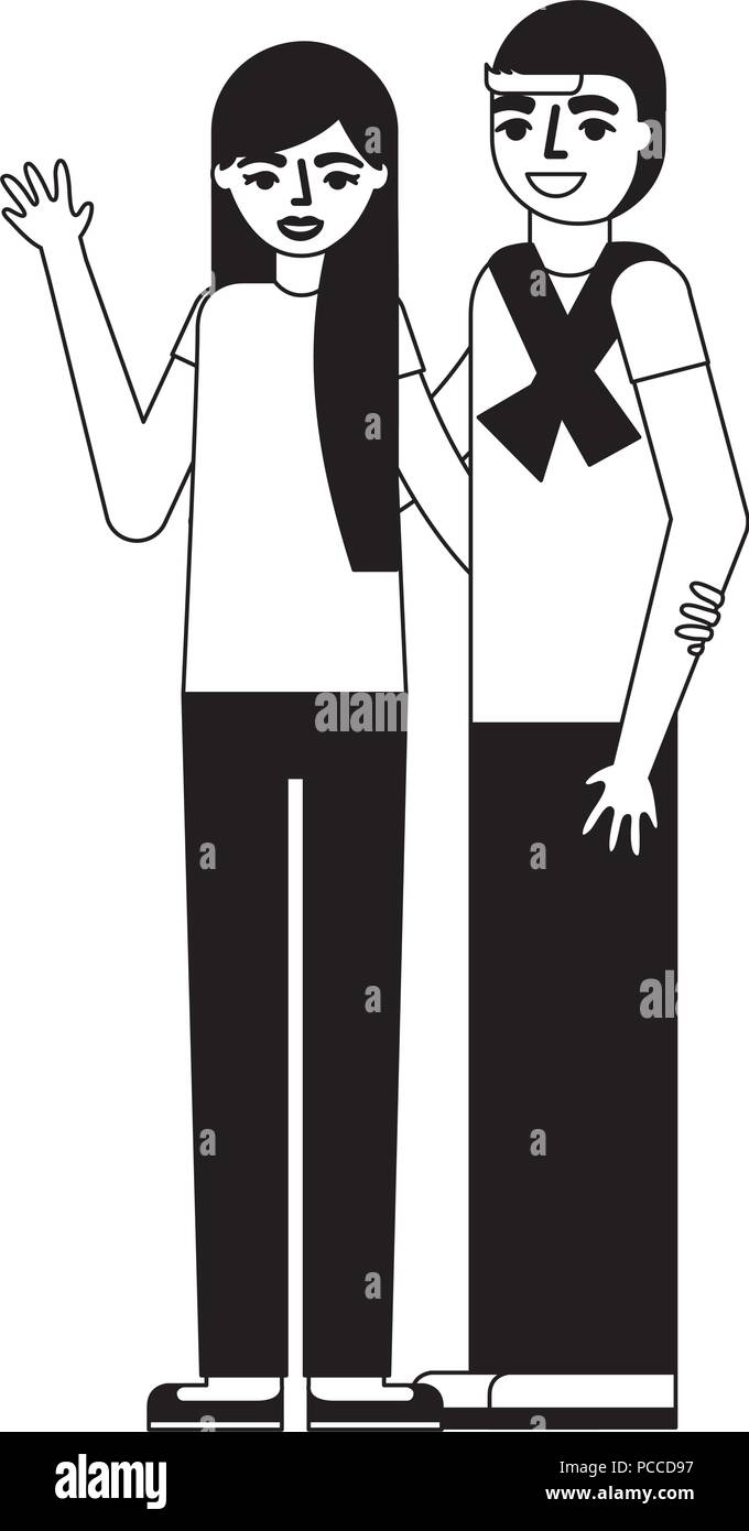 young couple standing hugging characters vector illustration monochrome ...