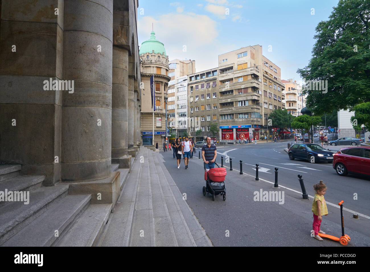 Belgrade, Serbia - May 04, 2018: Father with two children walks in ...