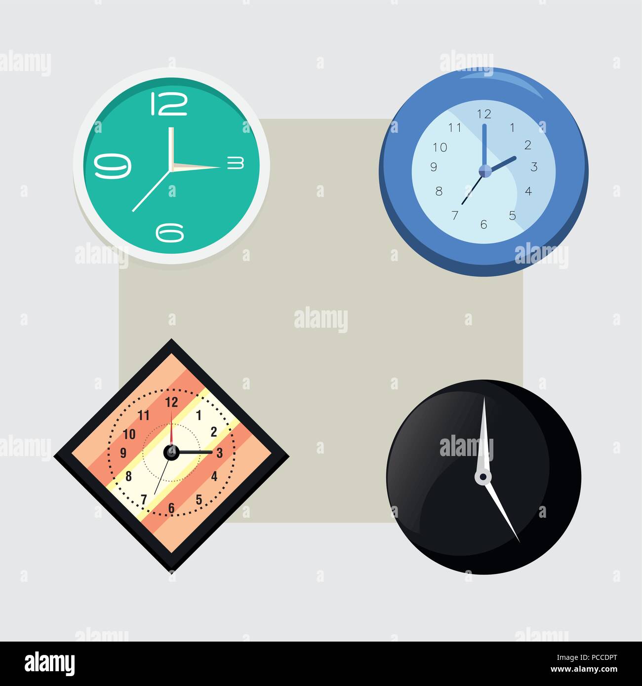 minimalism and basic clocks over gray background, colorful design ...
