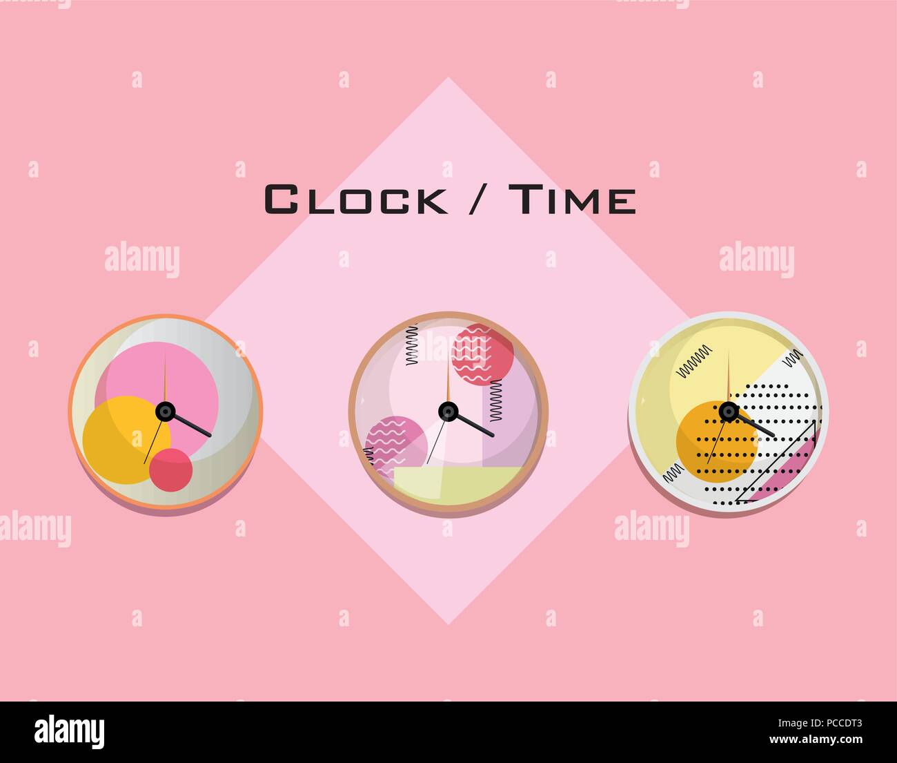 clocks with memphis style design over pink background, colorful design ...