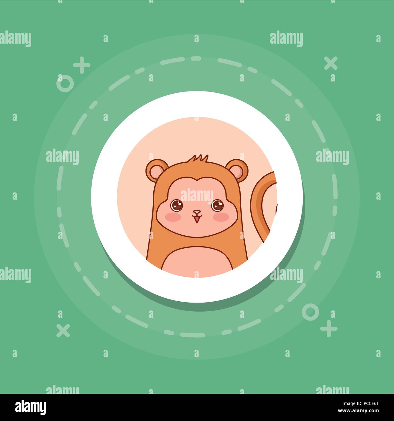 cute monkey icon over white circle and green background, colorful ...
