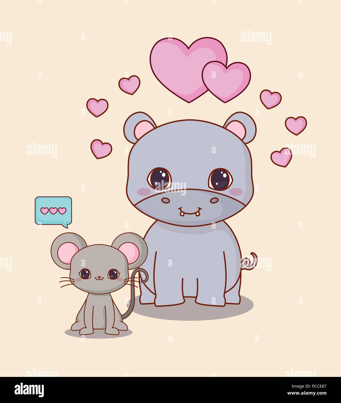 kawaii mouse and hippopotamus over white background, colorful design ...