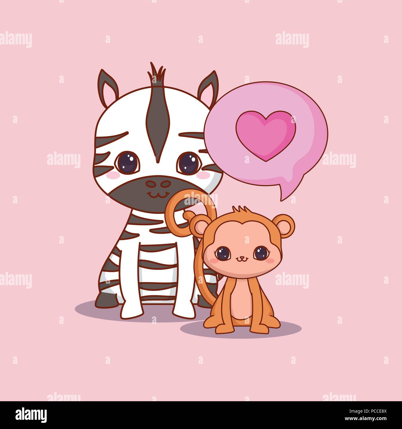 kawaii zebra and monkey with speech bubble with heart icon over pink ...