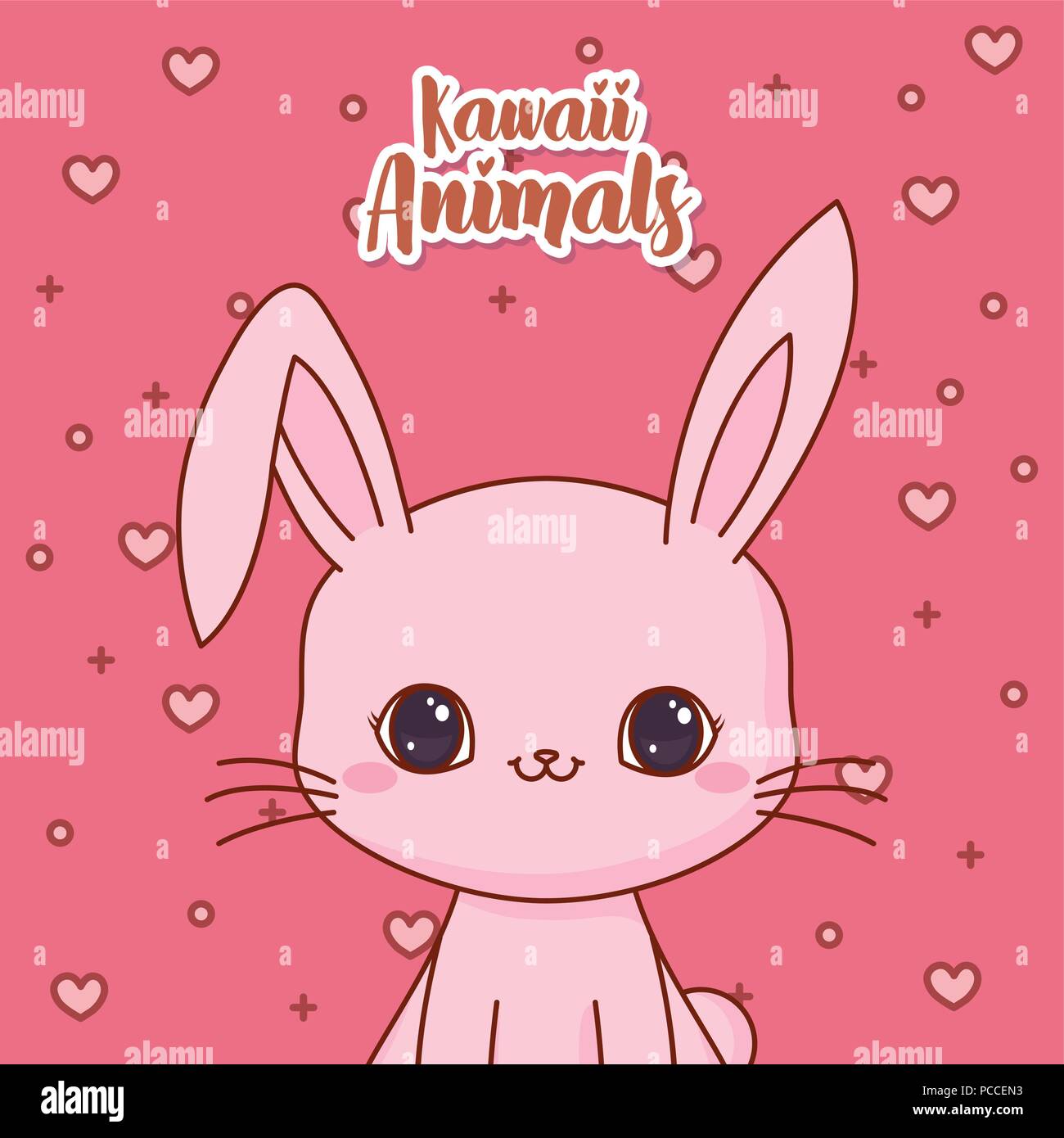Kawaii rabbit icon and decorative hearts around over pink background ...