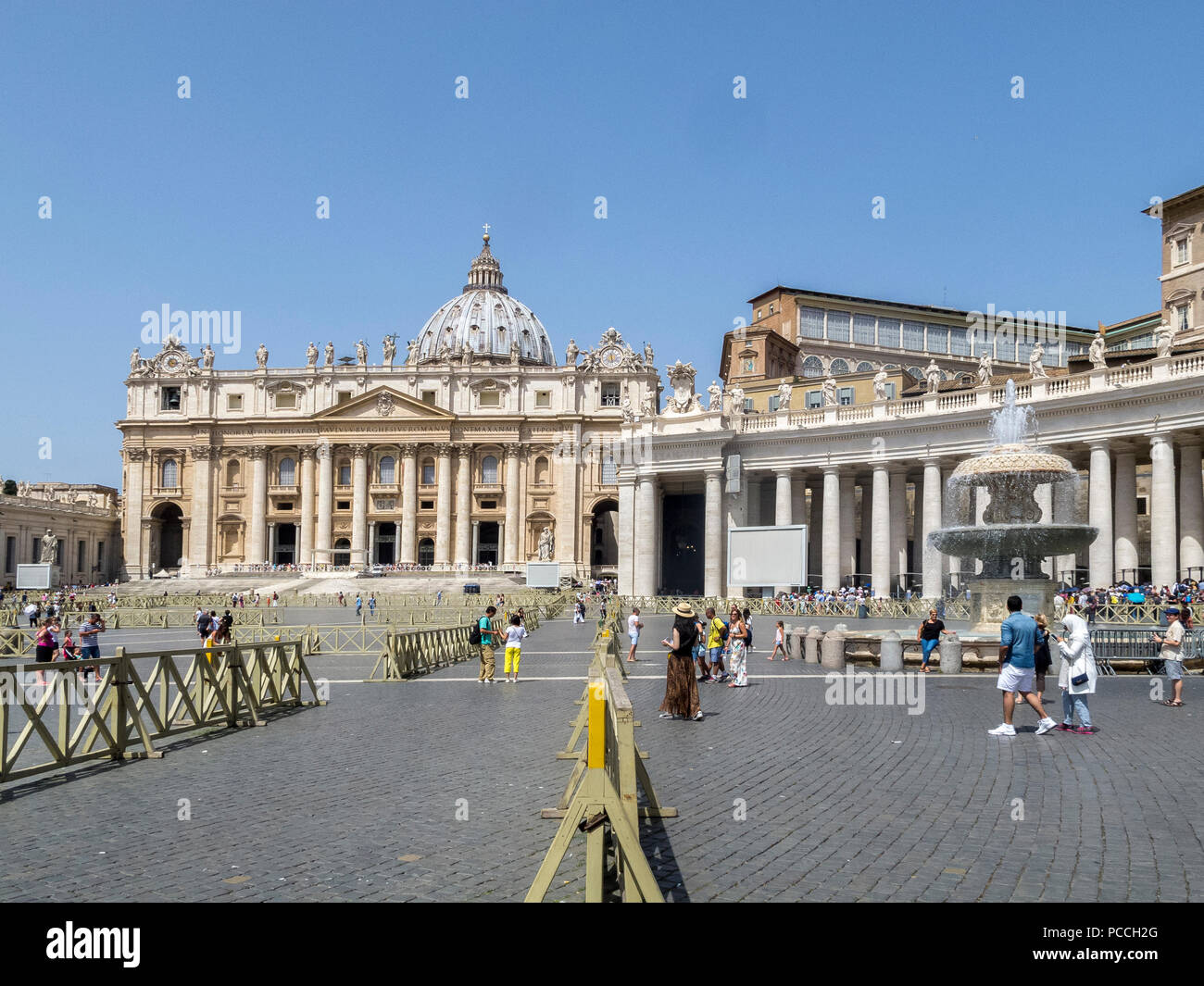 St Peter`s Church and the Colonnades in St Peters square in the Vatican ...