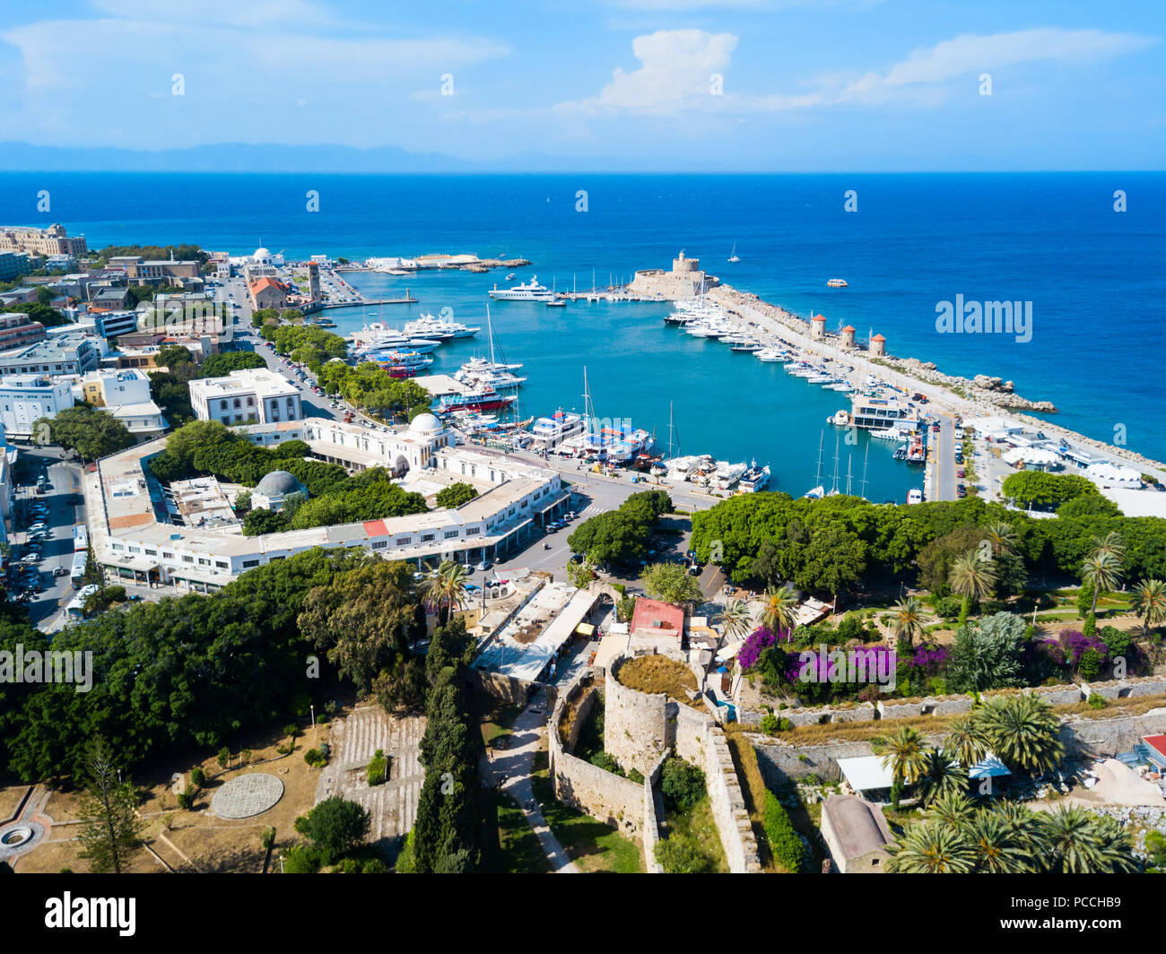 Mandraki port of Rhodes city harbor aerial panoramic view in Rhodes ...
