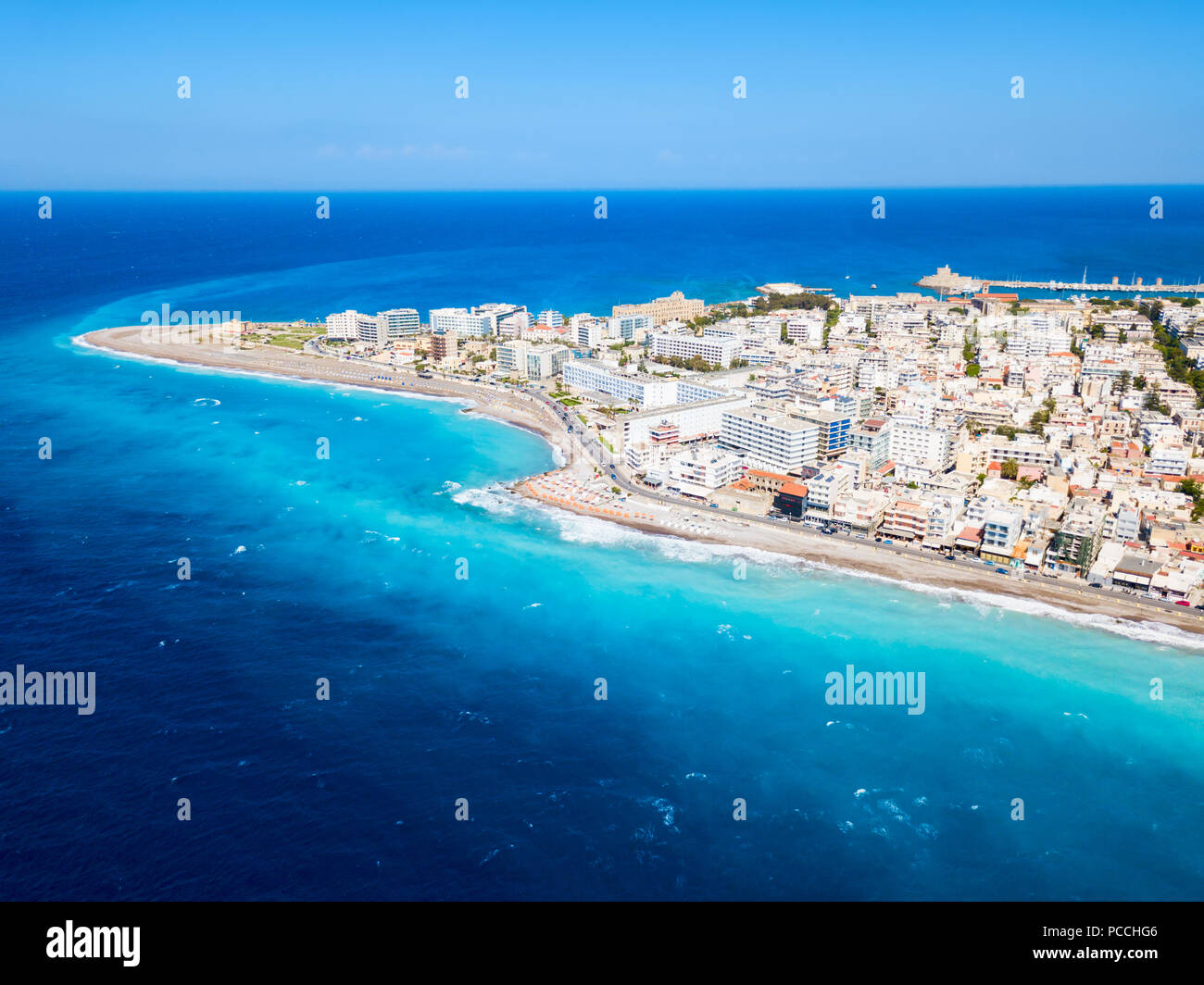 Rhodes city beach aerial panoramic view in Rhodes island in Greece ...