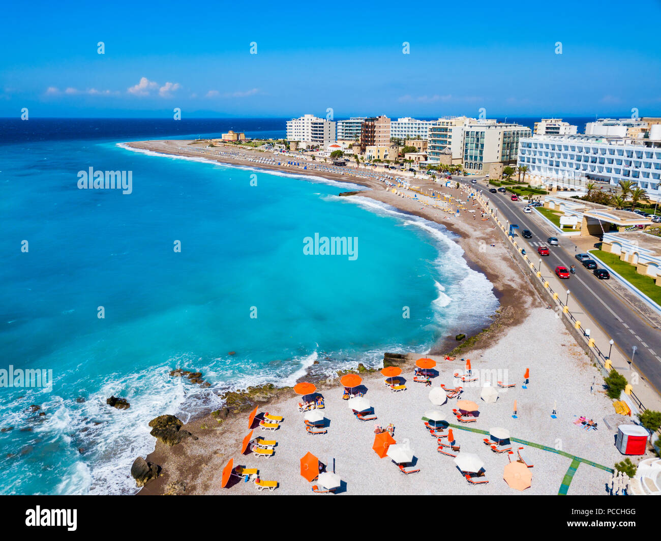 Rhodes city beach aerial panoramic view in Rhodes island in Greece ...