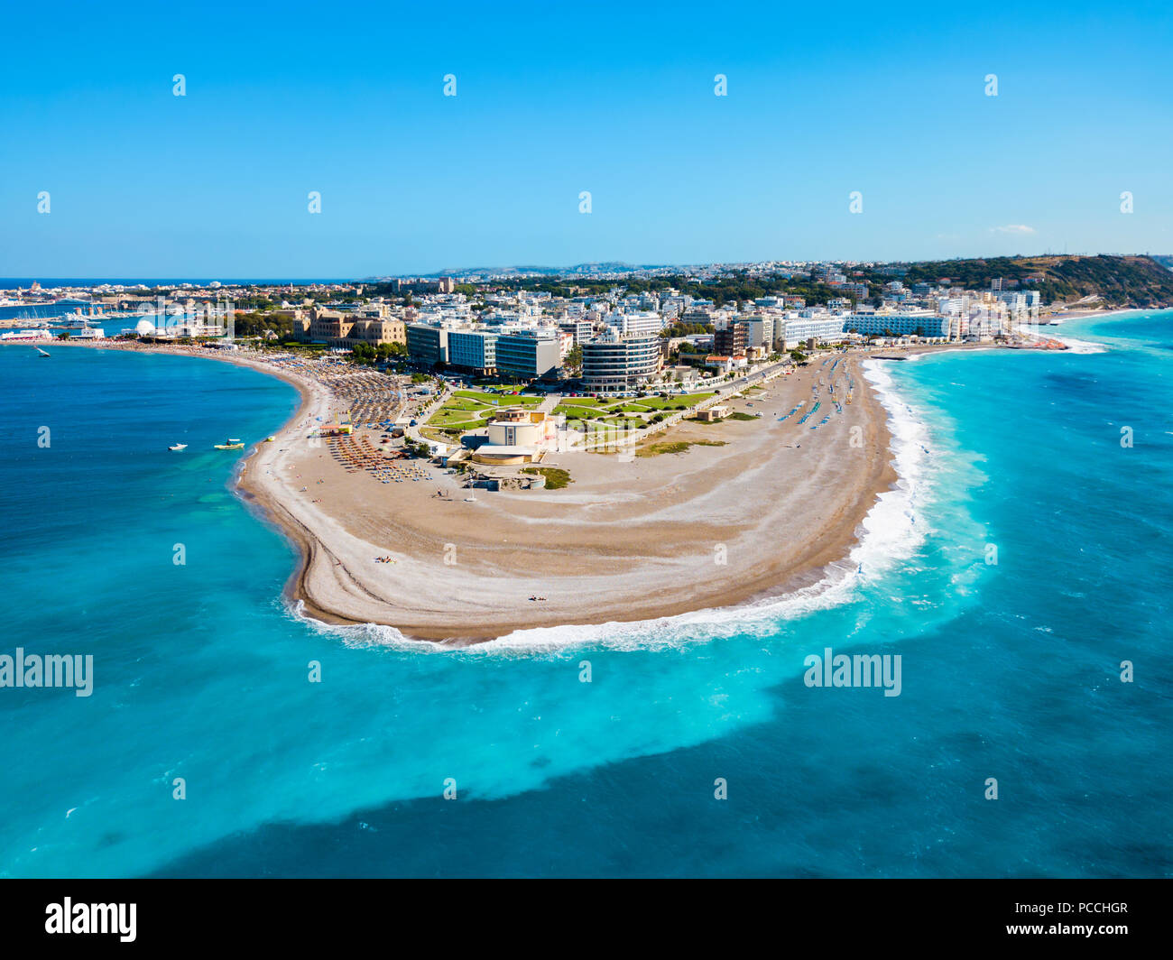 Rhodes city beach aerial panoramic view in Rhodes island in Greece ...