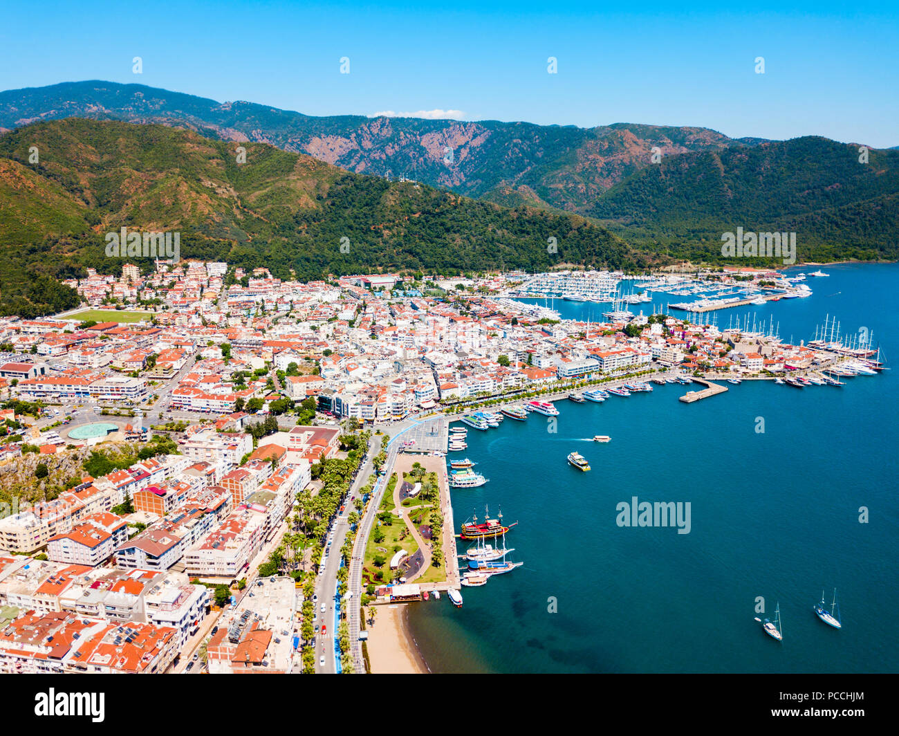Marmaris city aerial panoramic view in Marmaris city in Turkey Stock ...
