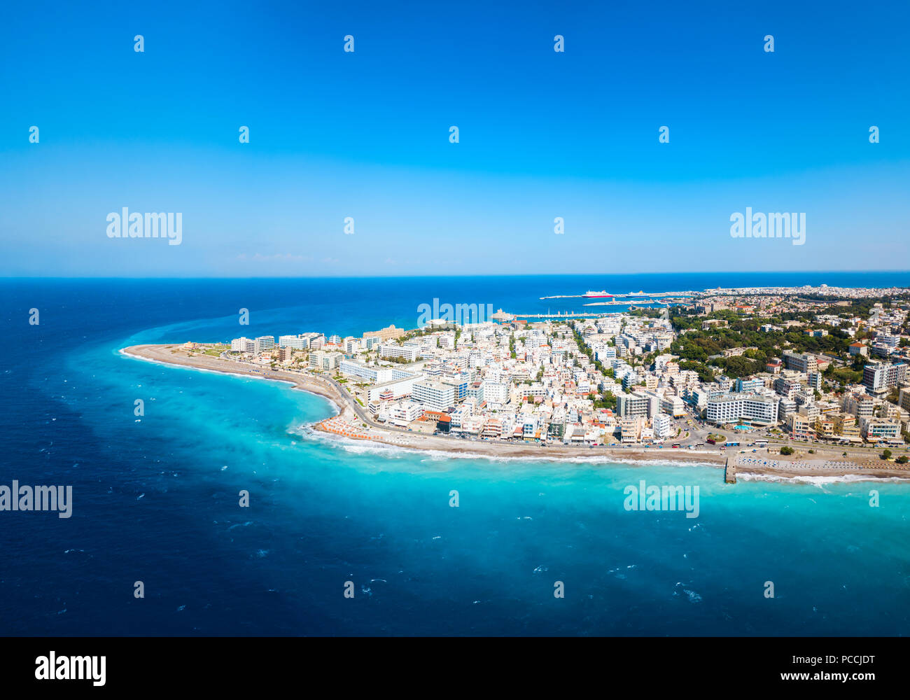 Rhodes city beach aerial panoramic view in Rhodes island in Greece ...