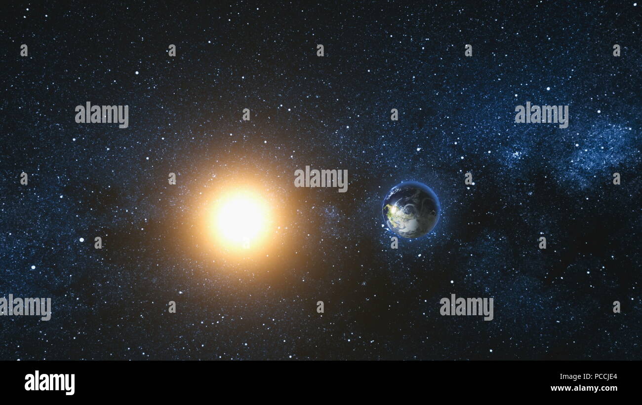 Space view on Planet Earth and Sun Star rotating on its axis in black ...