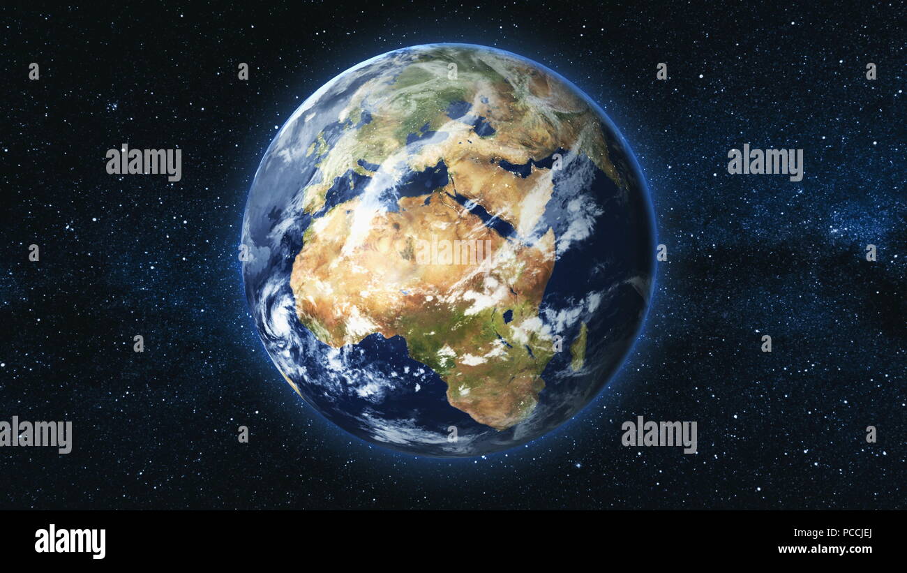 Realistic Earth Planet, rotating on its axis in space against the ...