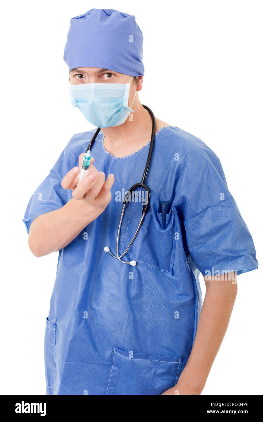 silly doctor with a syringe isolated over white background Stock Photo ...