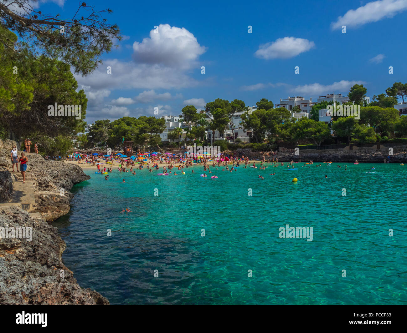 looking back towards Cala Gran beach , Cala d'Or, Majorca, Spain Stock ...