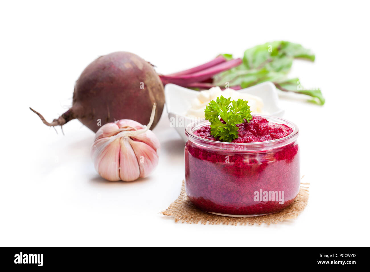 Beetroot puree in glass jars isolated on white Stock Photo - Alamy