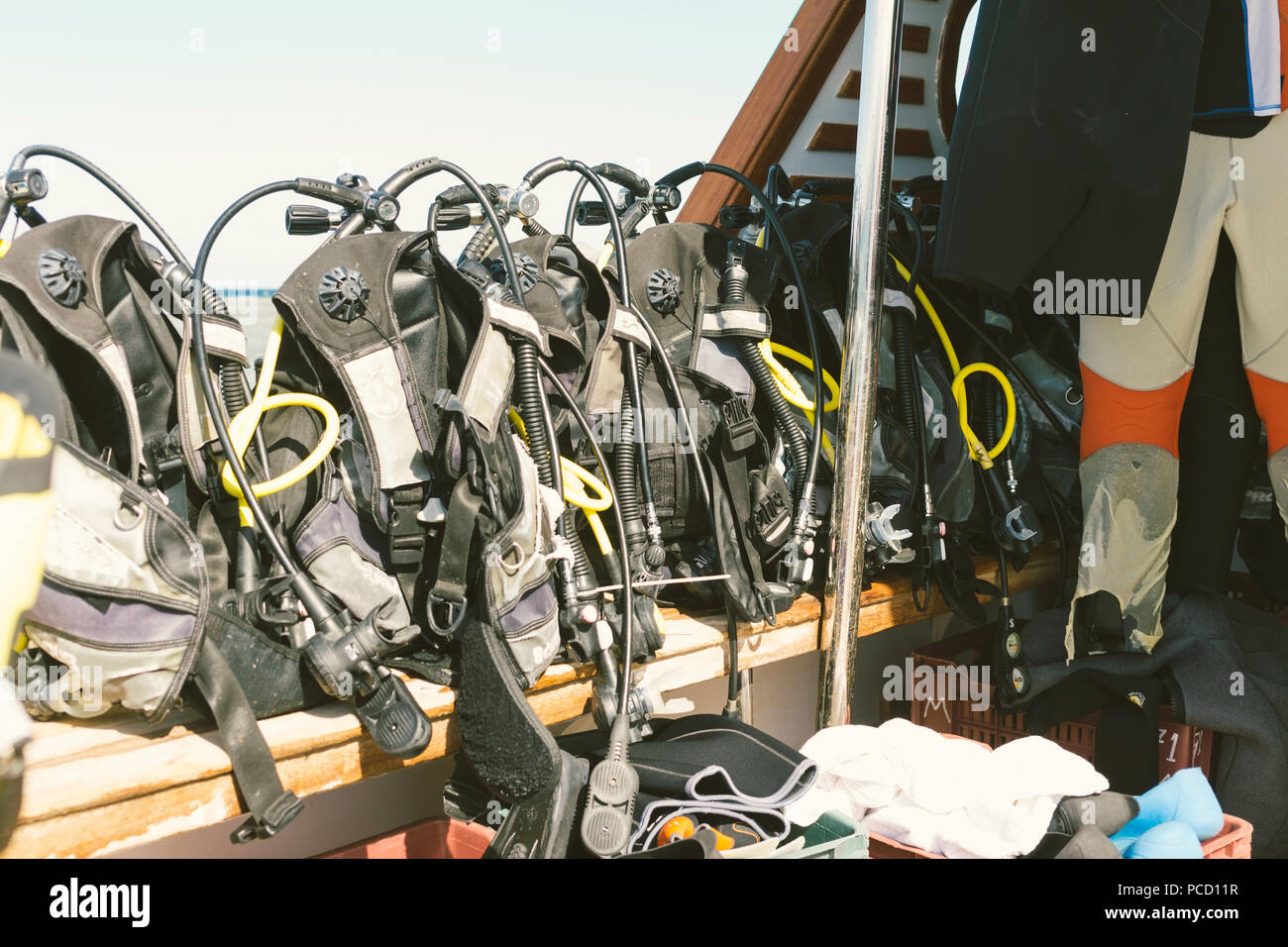 Diving equipment on board the boat close up Stock Photo - Alamy