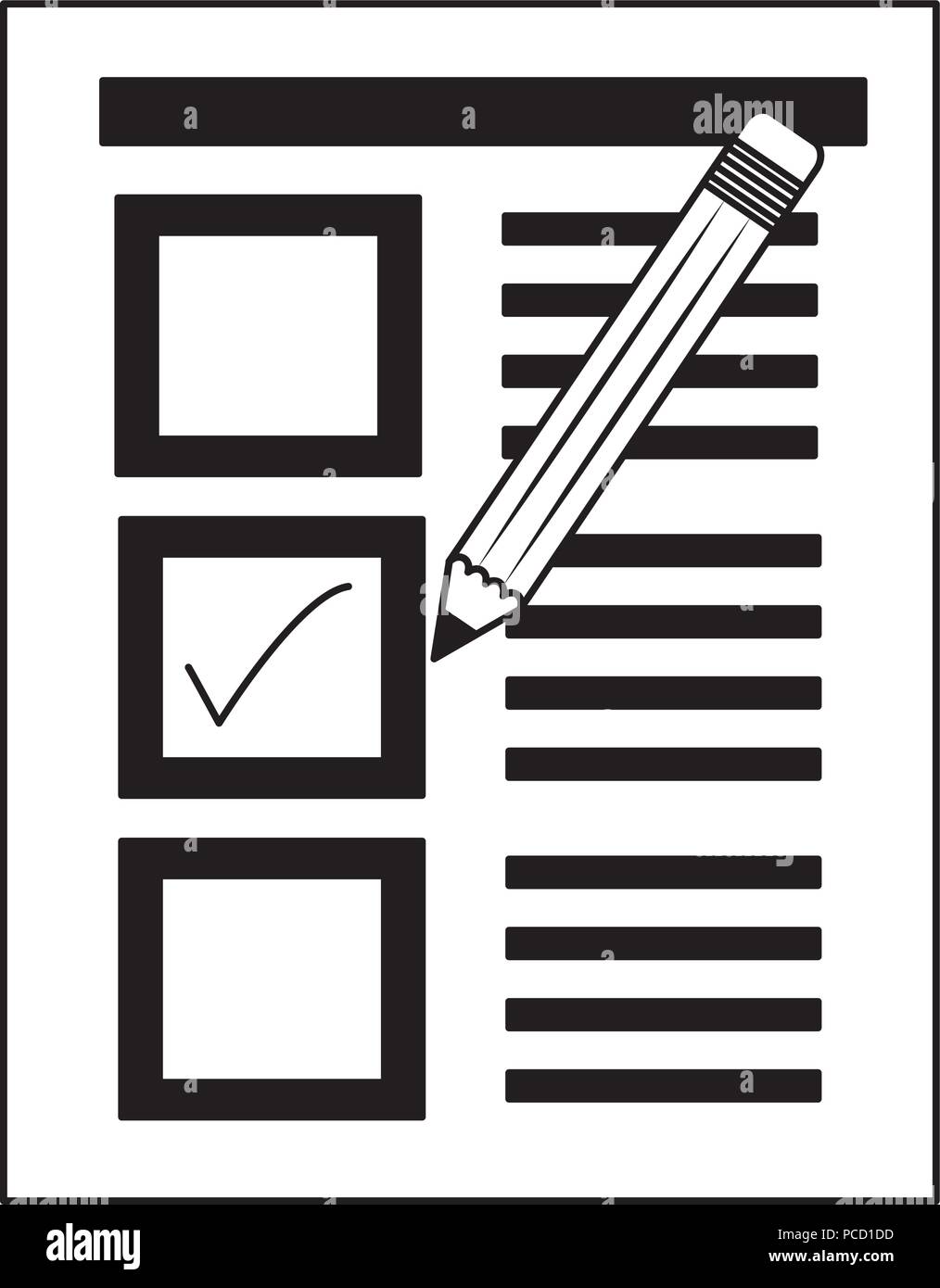 document paper check mark pencil vector illustration monochrome Stock ...