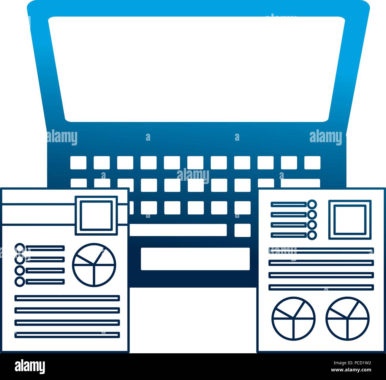 laptop office documents graphs report business vector illustration neon ...