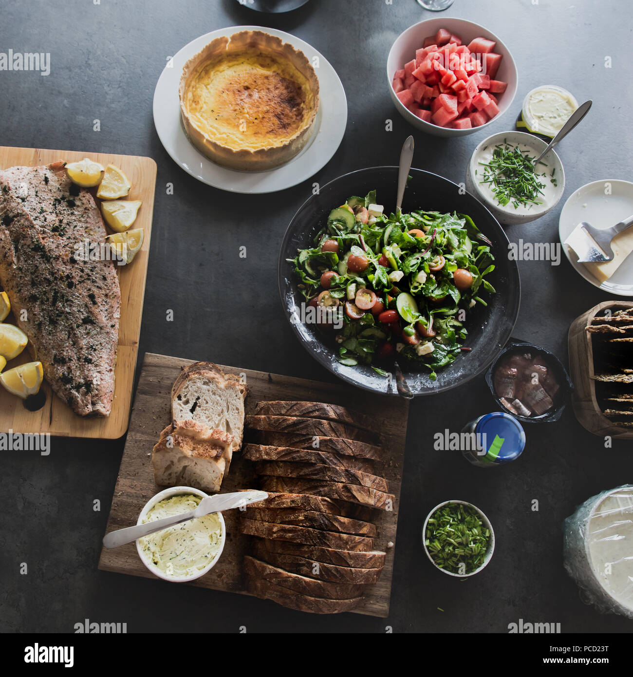 Picnic table with different types of food Stock Photo - Alamy