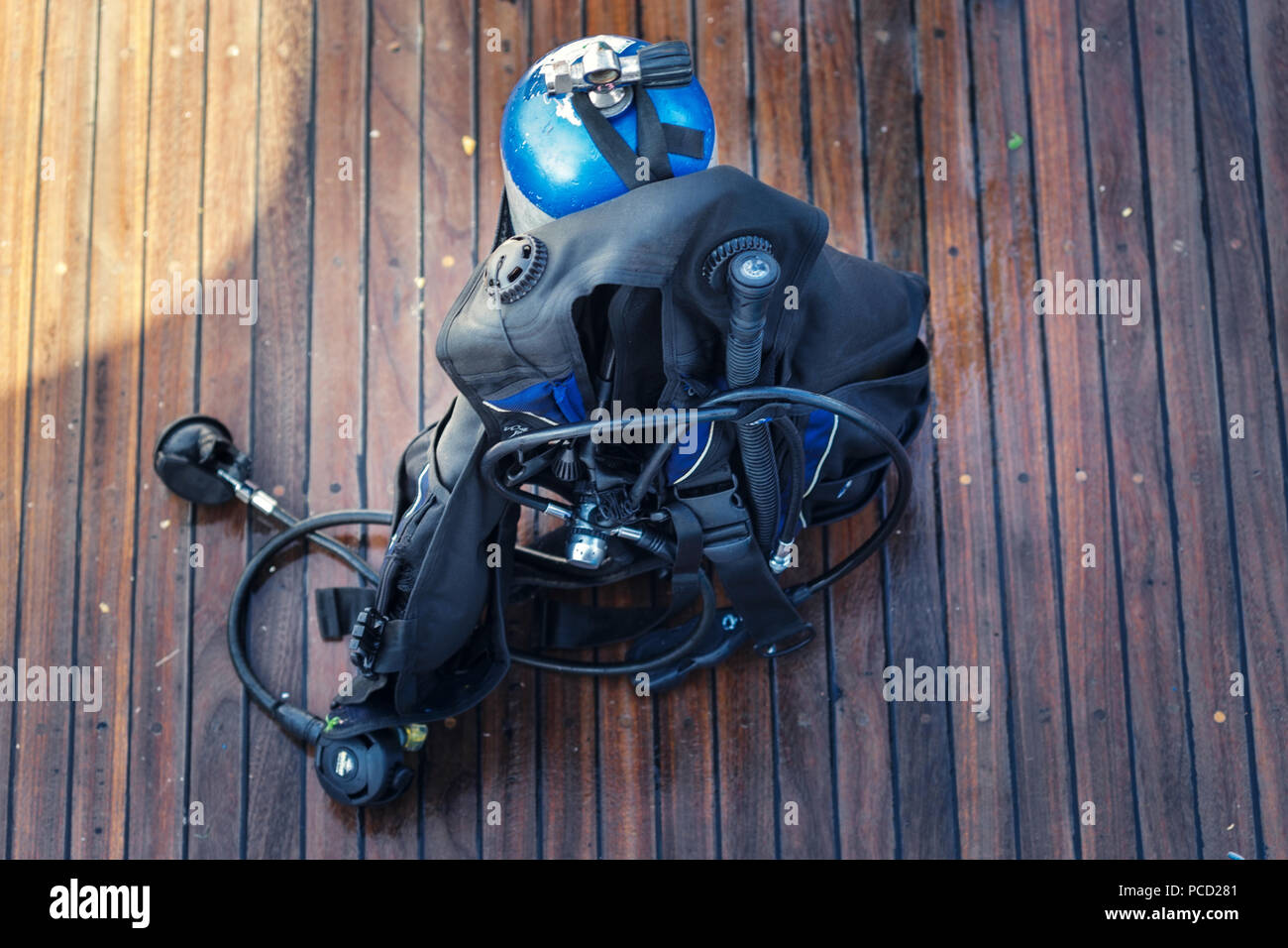 Set of diving equipment on the deck of the ship Stock Photo - Alamy