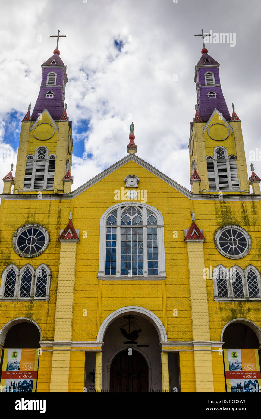 Yellow Iglesia San Francisco de Castro church, UNESCO World Heritage ...