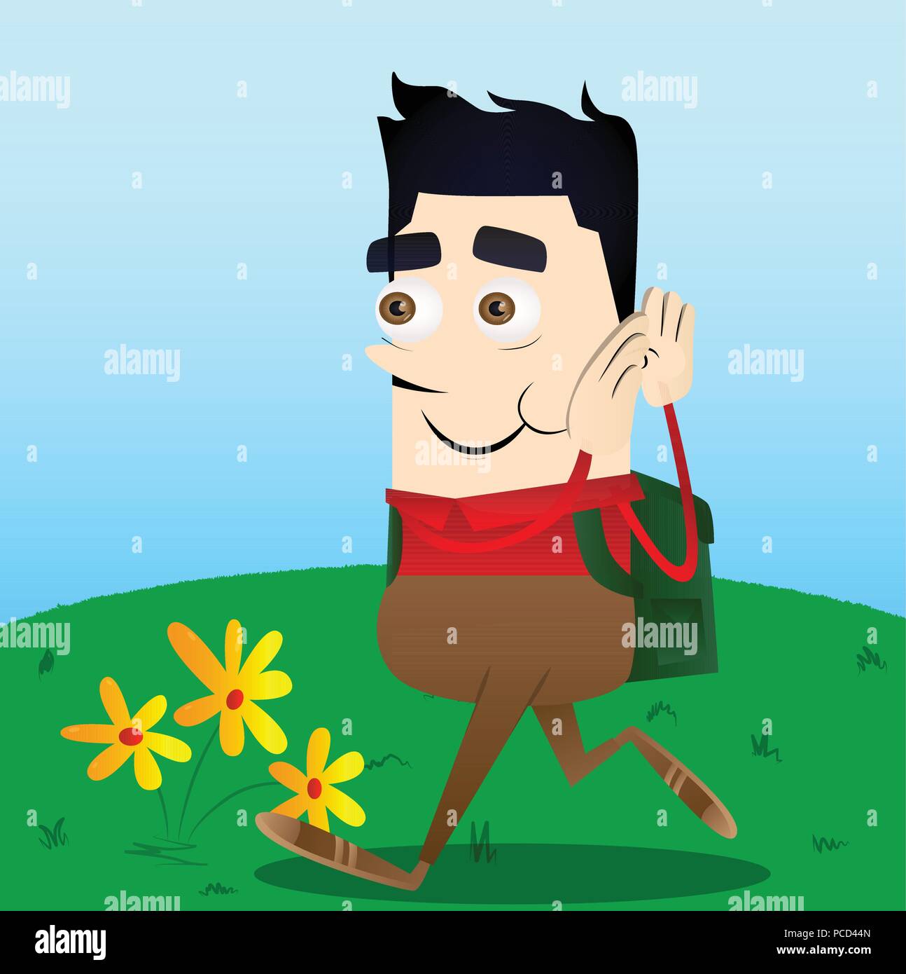 Schoolboy holds both hand at his ear, listening. Vector cartoon ...