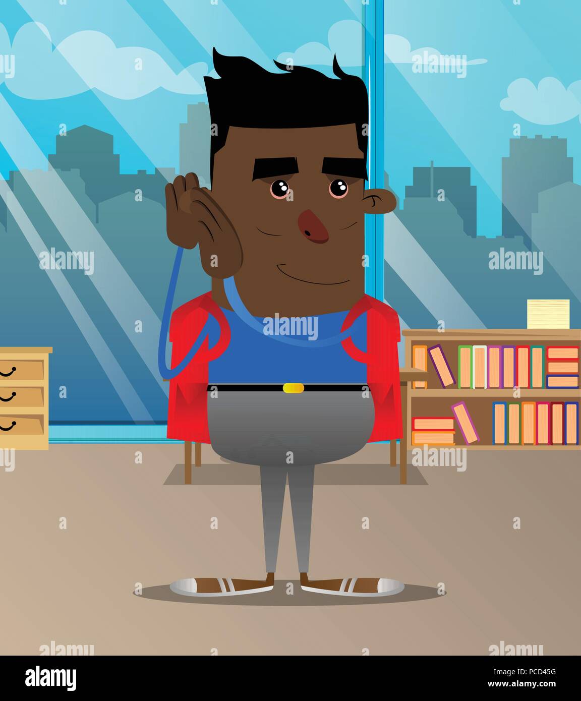 Schoolboy holds both hand at his ear, listening. Vector cartoon ...