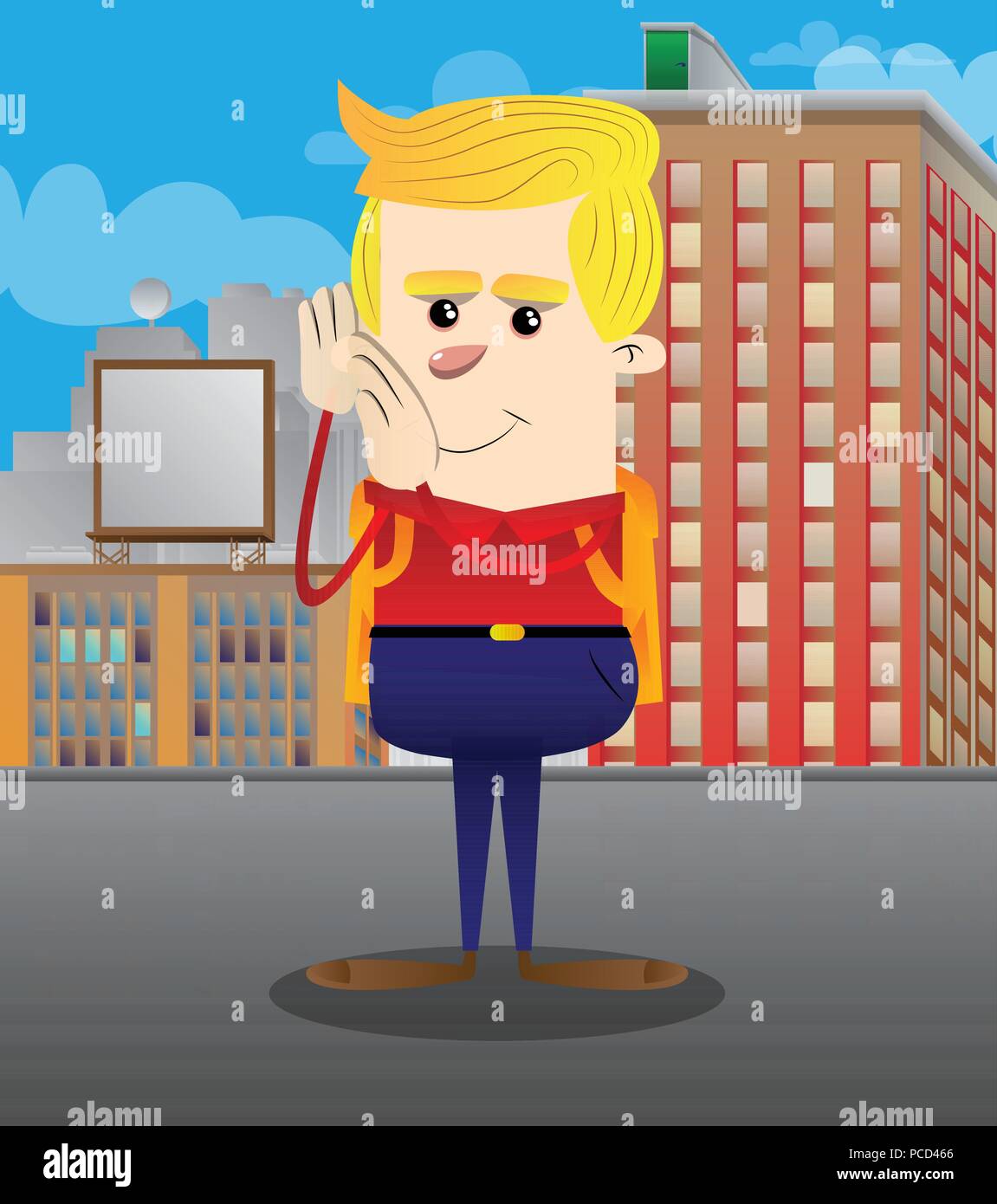 Schoolboy holds both hand at his ear, listening. Vector cartoon ...