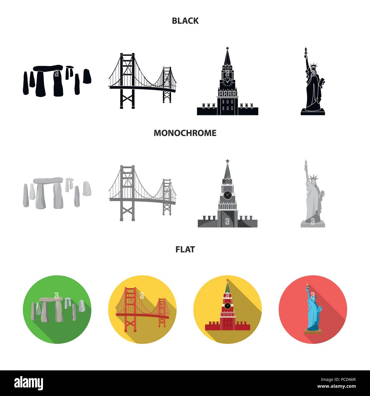 Sights of different countries black, flat, monochrome icons in set ...