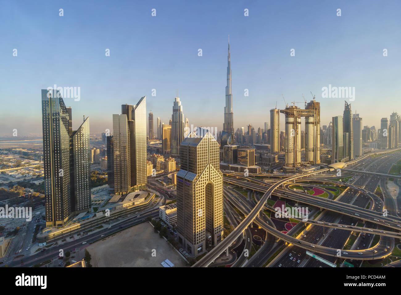 Dubai skyline and Sheikh Zayed Road Interchange, Dubai, United Arab ...
