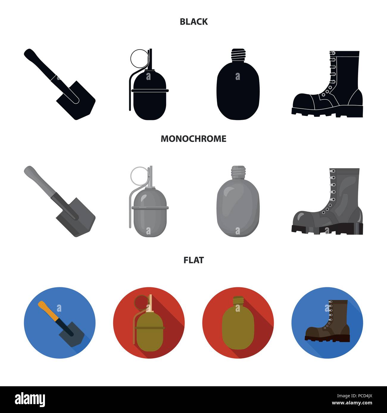 Sapper blade, hand grenade, army flask, soldier boot. Military and army ...