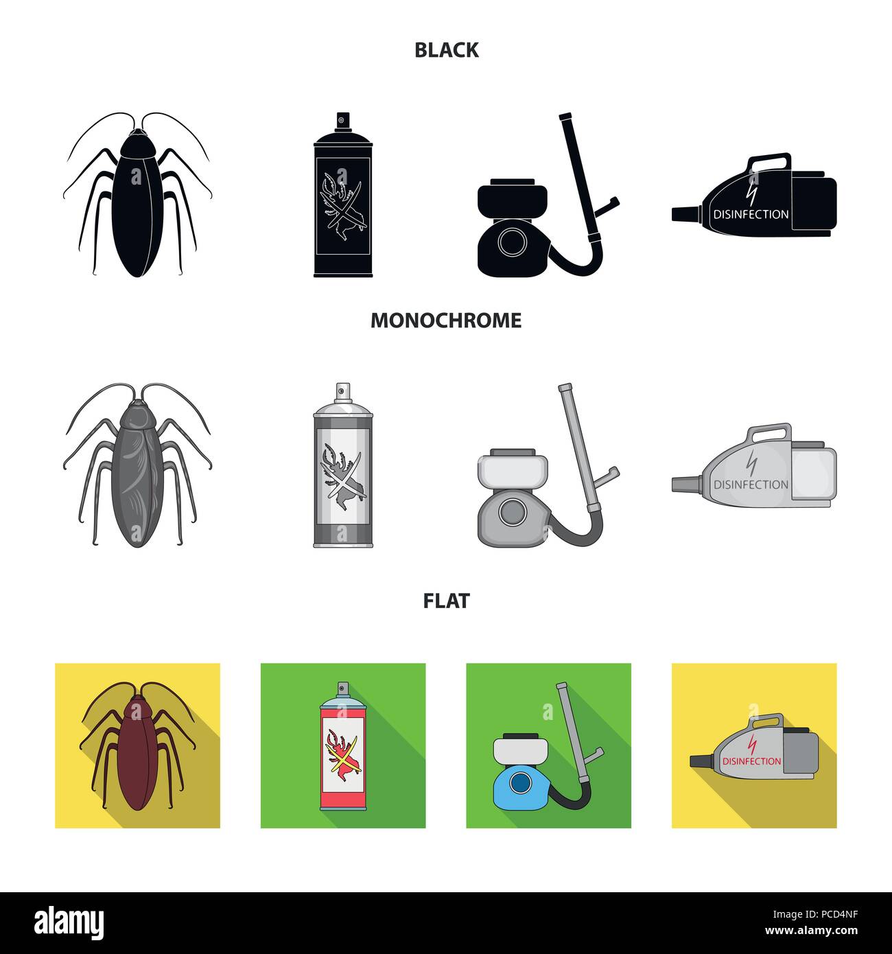 Cockroach and equipment for disinfection black, flat, monochrome icons ...