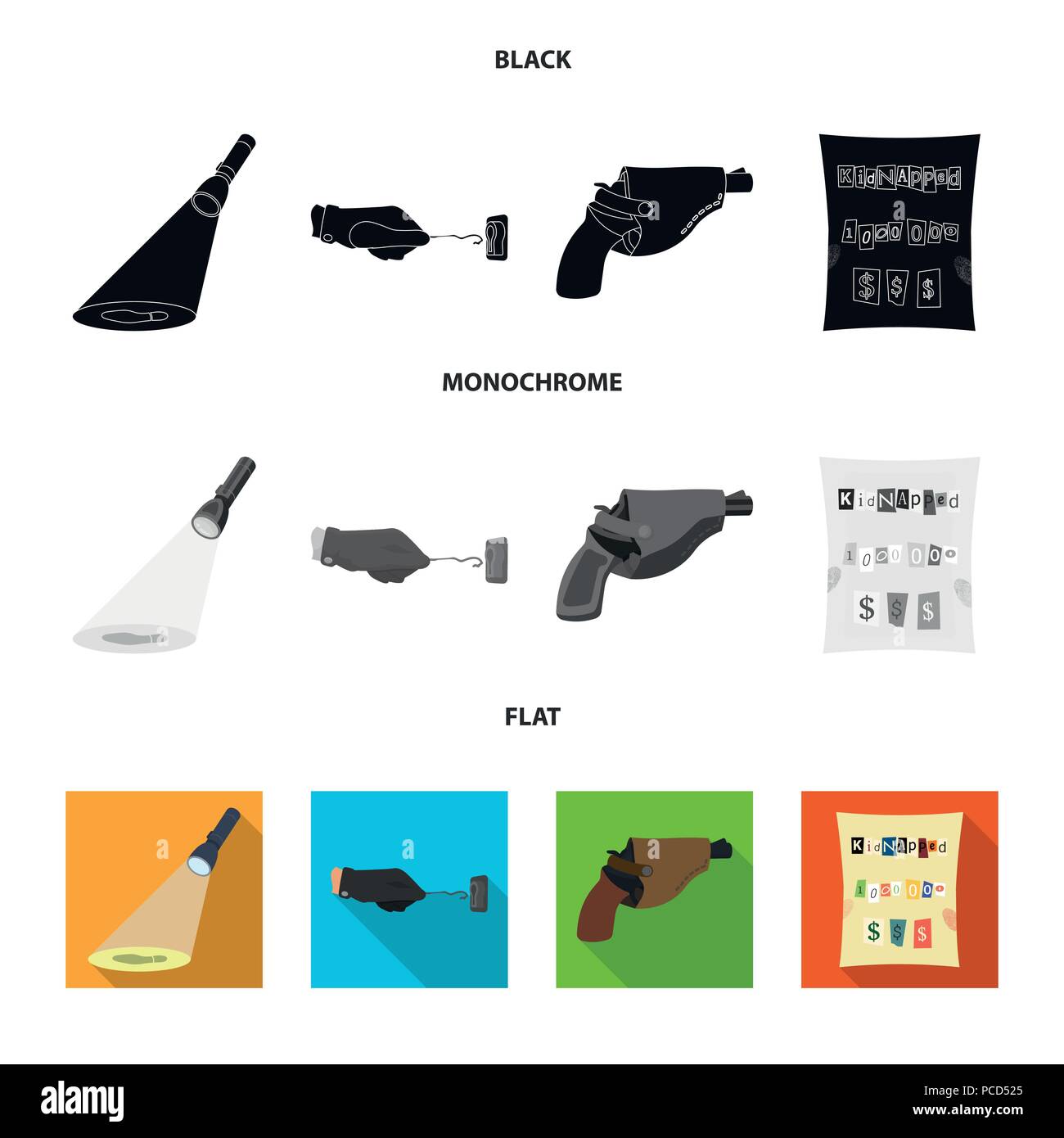 The detective flashlight illuminates the footprint, the criminal hand ...