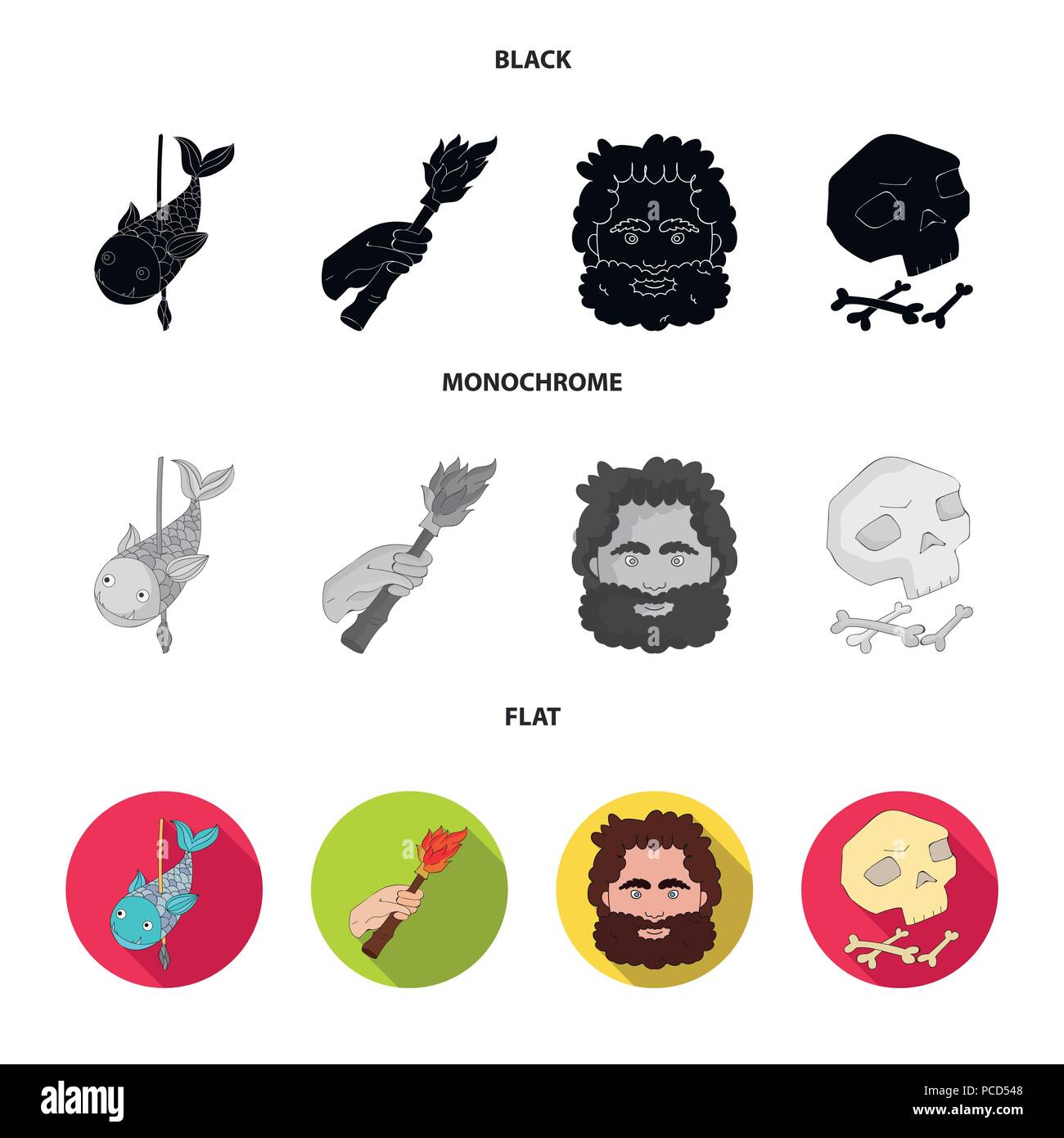 Primitive, fish, spear, torch .Stone age set collection icons in black ...