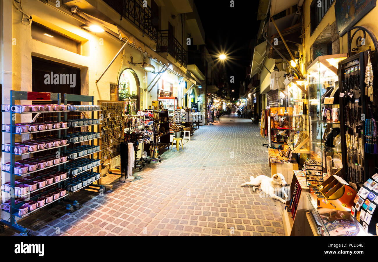 Tourist shopping street at night, Chania, Crete, Greek Islands, Greece ...