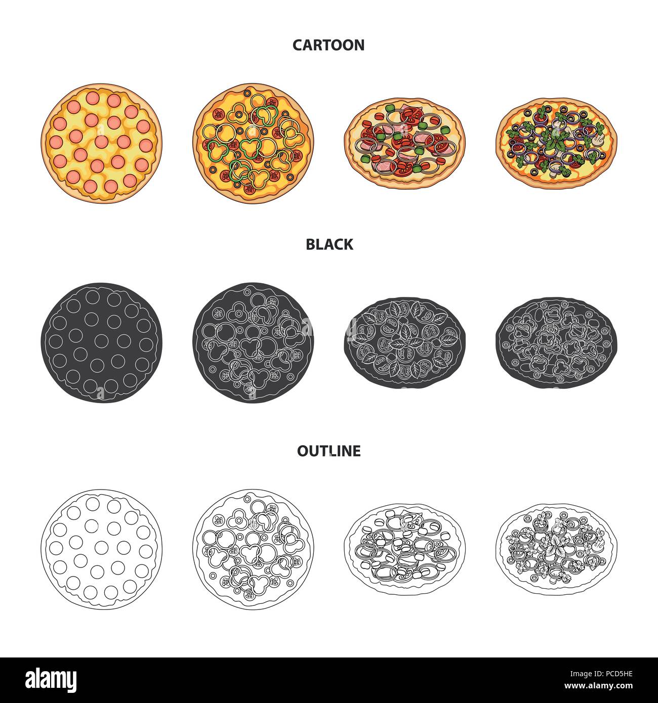 Pizza with meat, cheese and other filling. Different pizza set ...