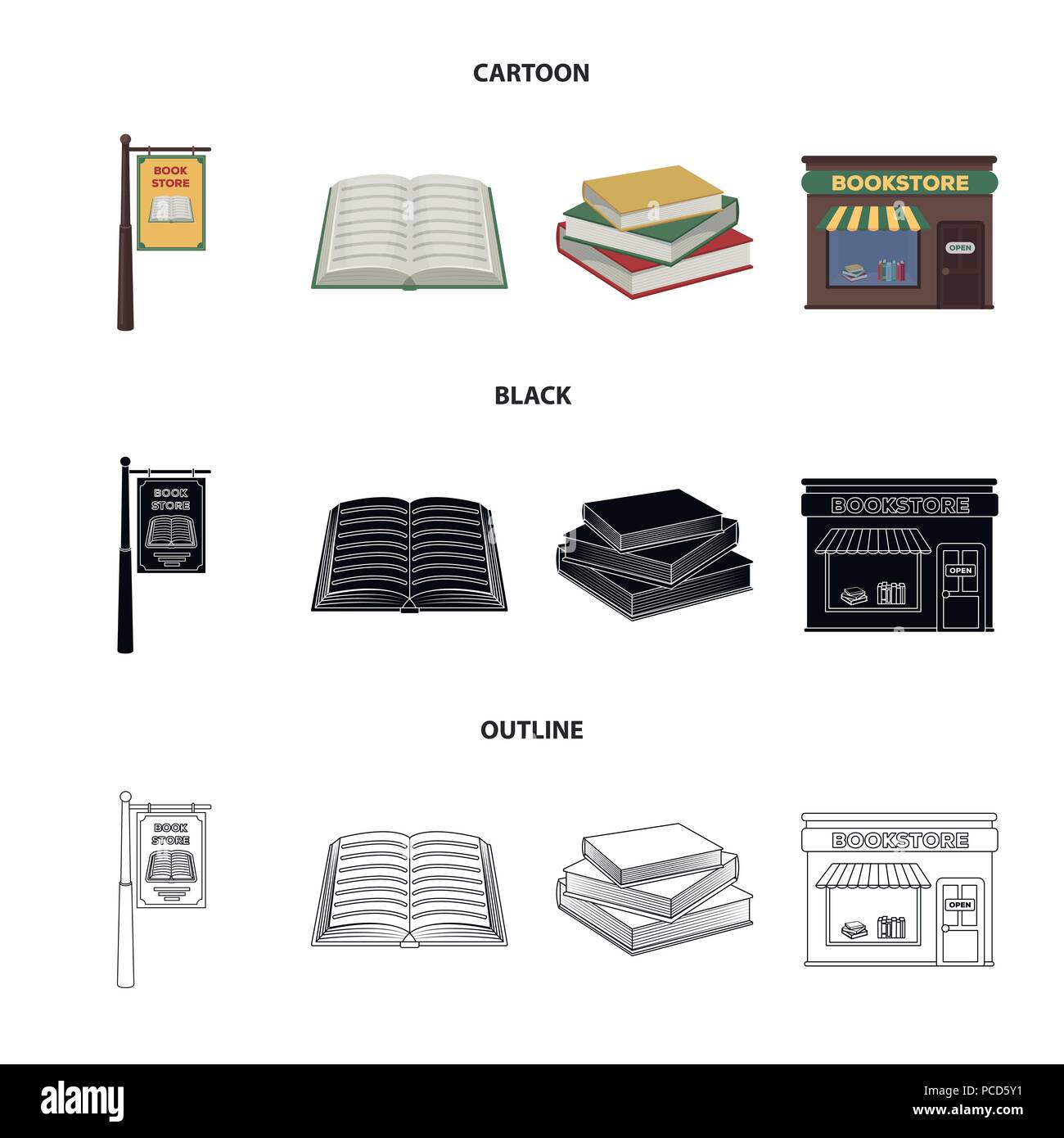 A signboard, a bookstore, a stack of books, an open book. A library and ...