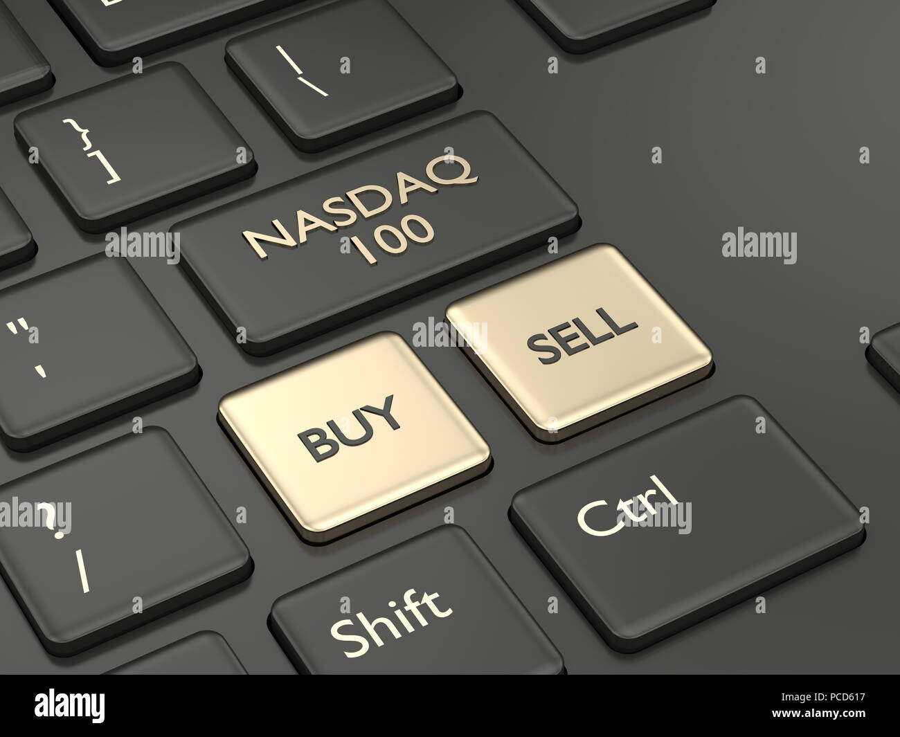 3d render closeup of computer keyboard with NASDAQ 100 index button ...