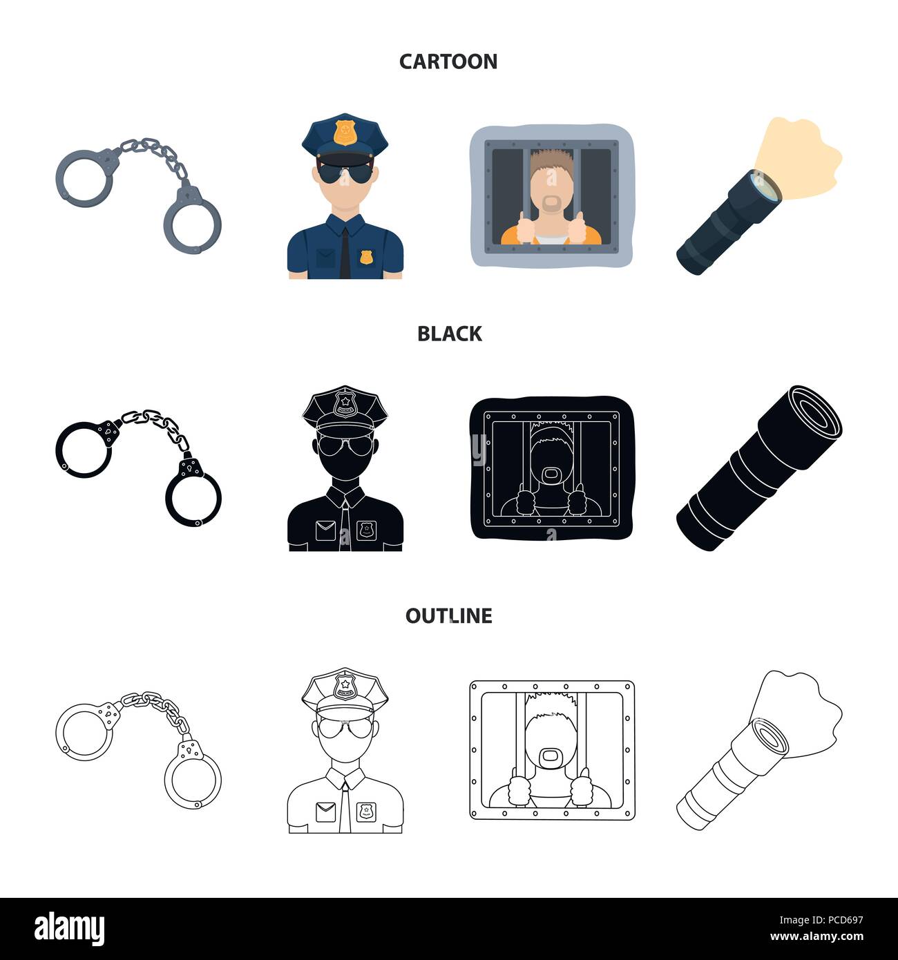 Handcuffs, policeman, prisoner, flashlight.Police set collection icons ...