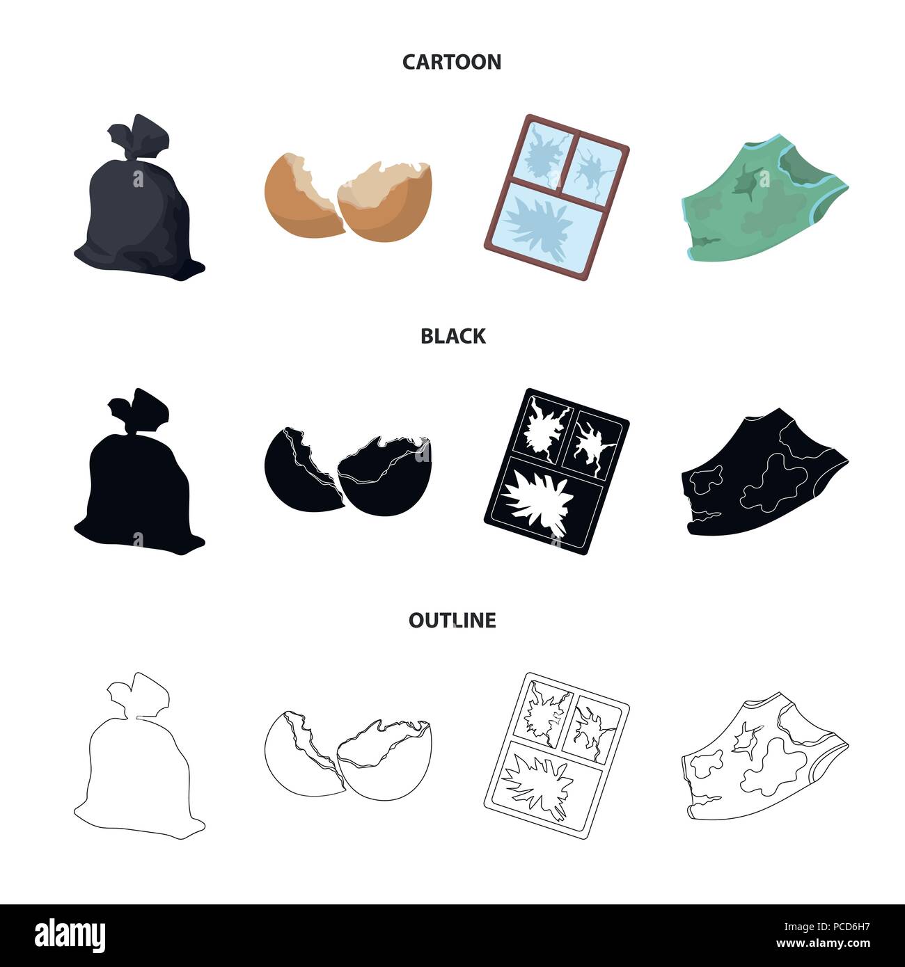 A garbage bag, a broken egg shell, a torn dirty T-shirt, a broken ...