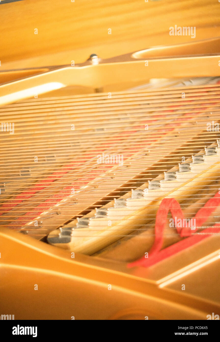 Concert hall grand piano strings ready for classical music performance ...