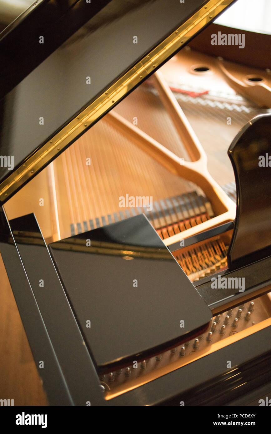 Concert hall grand piano strings ready for classical music performance ...