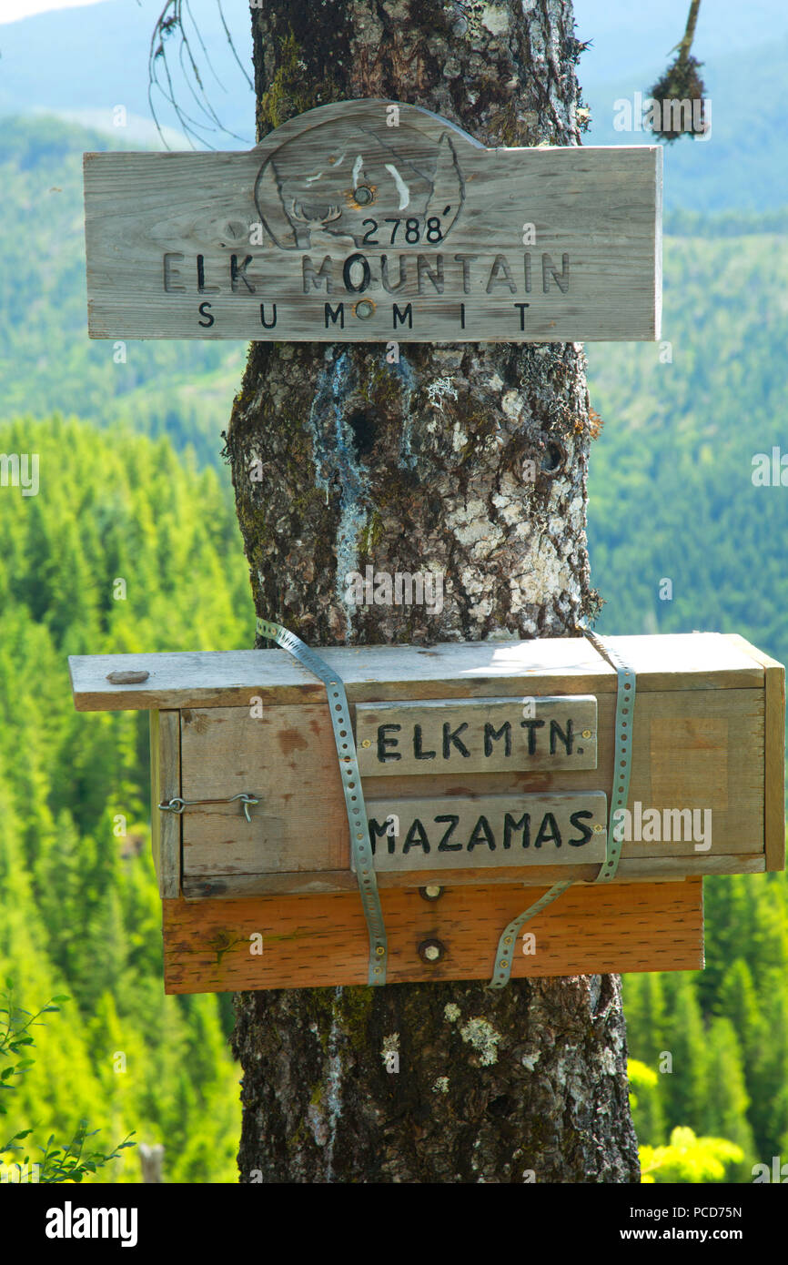 Elk Mountain summit sign, Tillamook State Forest, Oregon Stock Photo ...