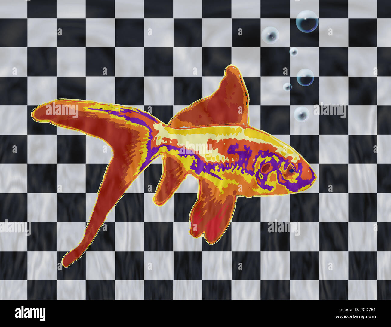 Surrealism. Golden fish in checkered space Stock Photo - Alamy