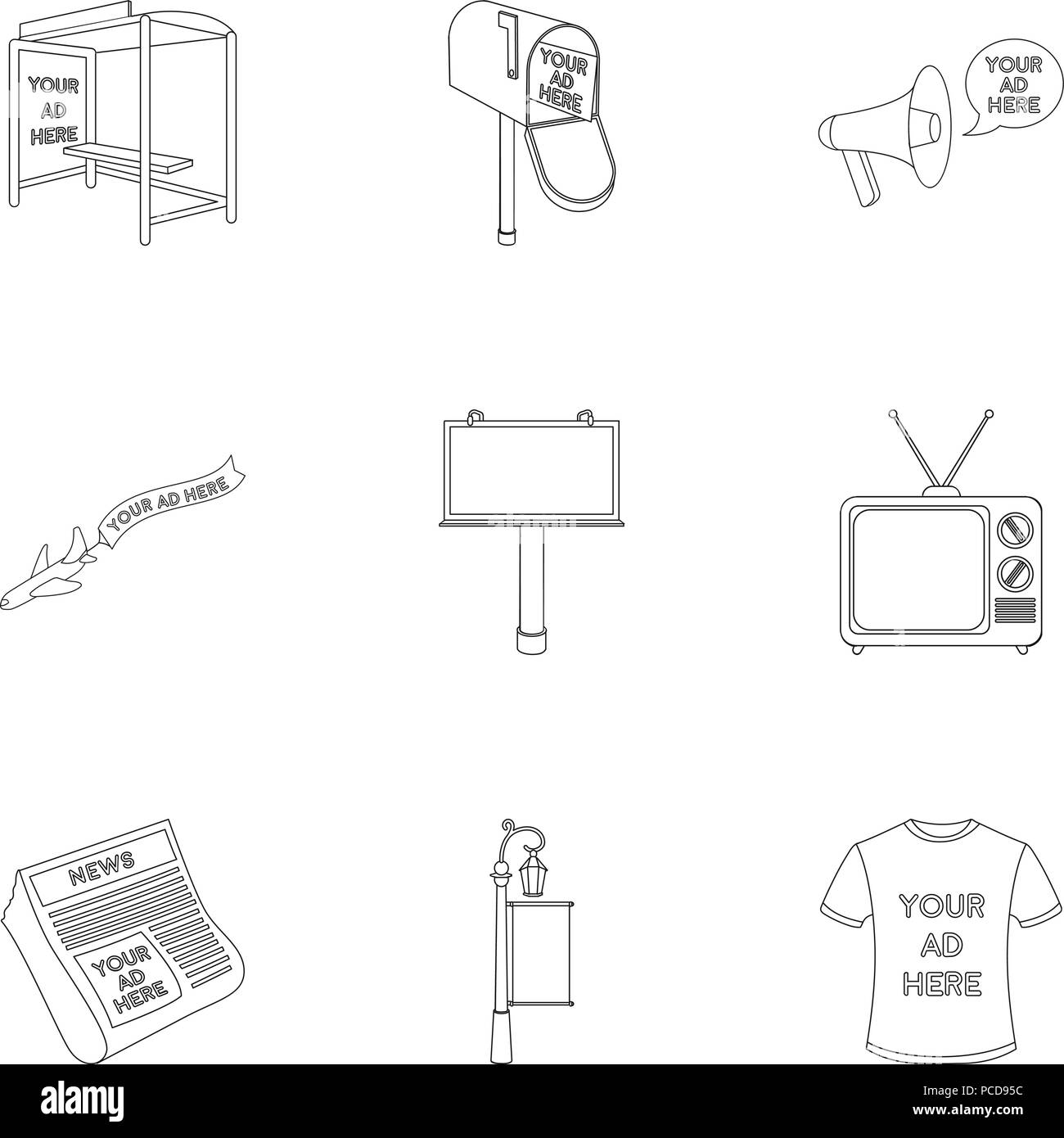 Advertising set icons in outline design. Big collection of advertising ...